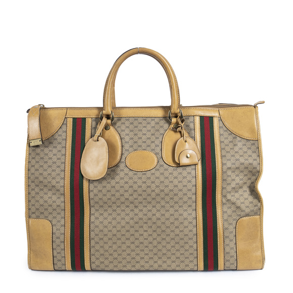 Gucci | Bags | Gucci Web Weekender Bag In Tan Microguccissima Coated ...